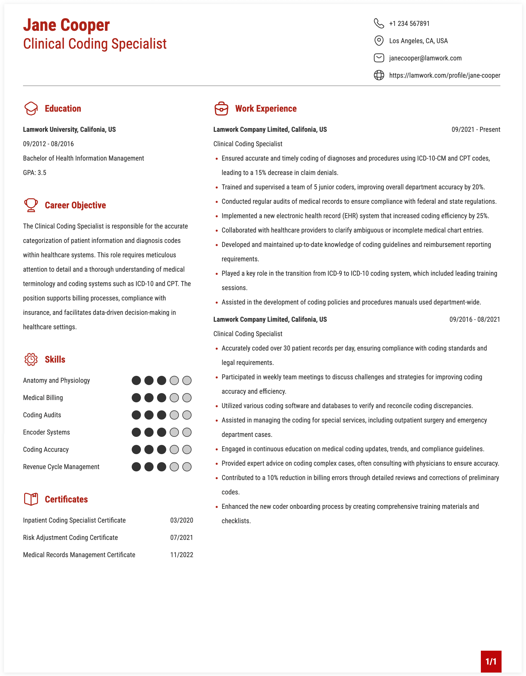 Clinical Coding Specialist Resume Example